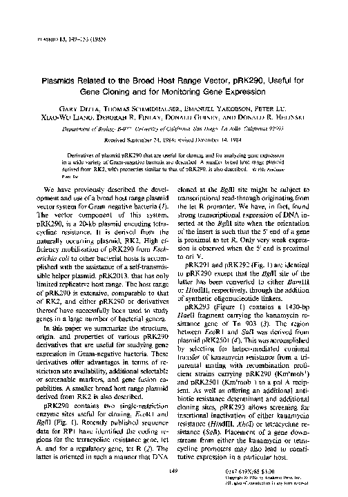(PDF) Plasmids related to the broad host range vector, pRK290, useful for gene cloning and for ...