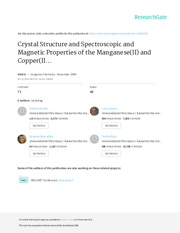 (PDF) Crystal Structure and Spectroscopic and Magnetic Properties of Two Novel Mono (. mu.-halo ...