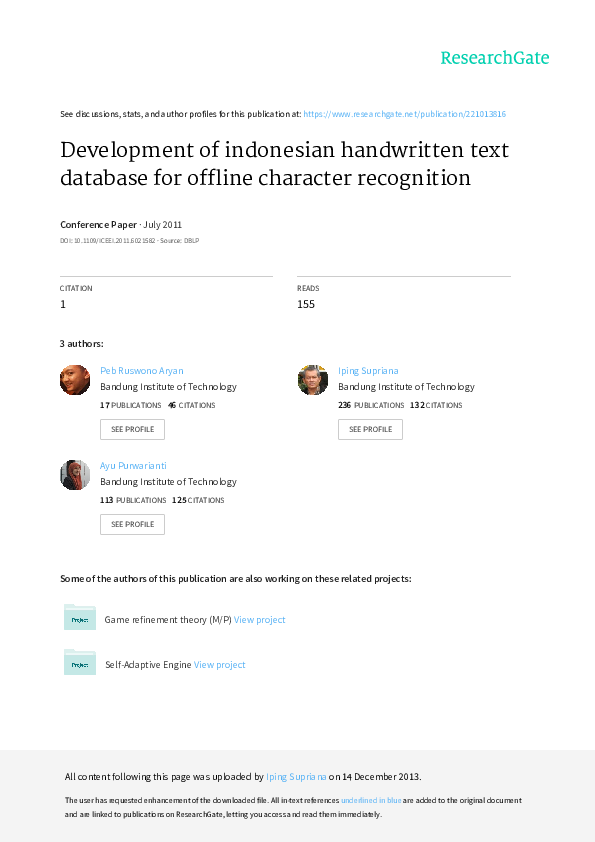 (PDF) Development of indonesian handwritten text database for offline character recognition