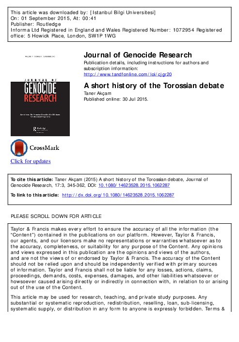 (PDF) Taner Akçam, 'A short history of the Torossian debate', Journal ...