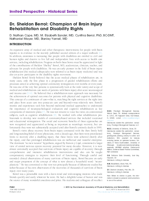 (PDF) Dr. Sheldon Berrol: Champion of Brain Injury Rehabilitation and ...