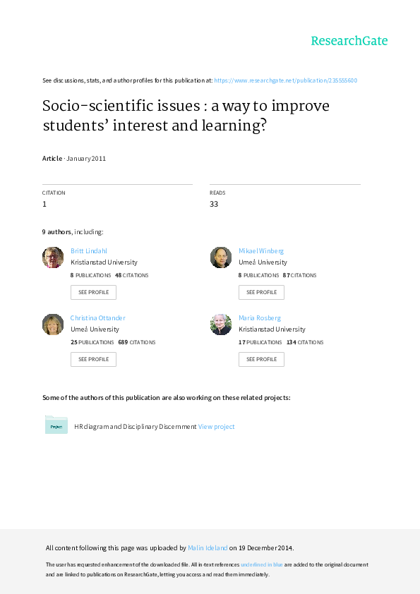 (PDF) Socio-scientific issues: a way to improve students' interest and learning?