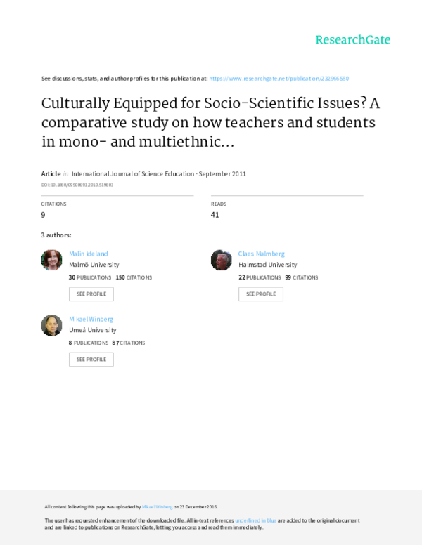 (PDF) Culturally Equipped for Socio‐Scientific Issues? A comparative ...