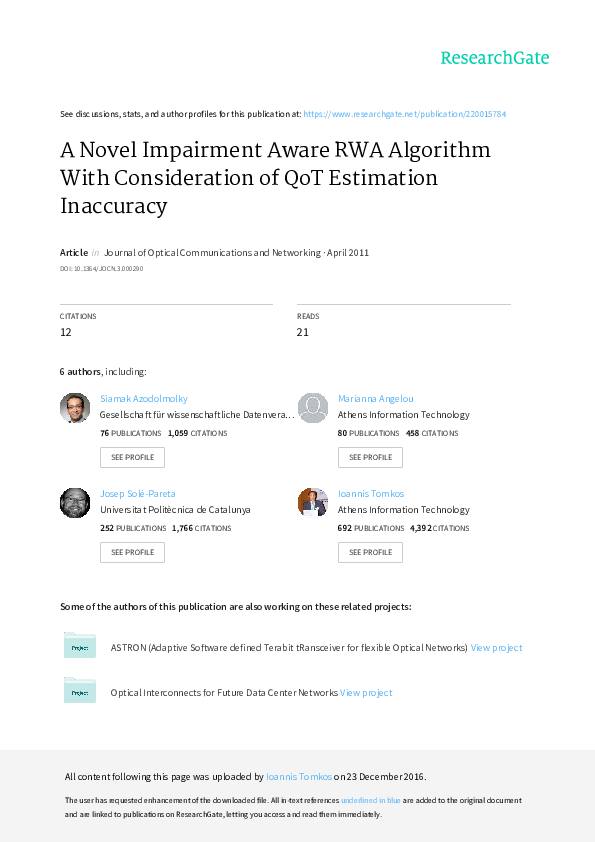 (PDF) A Novel Impairment Aware RWA Algorithm With Consideration of QoT Estimation Inaccuracy