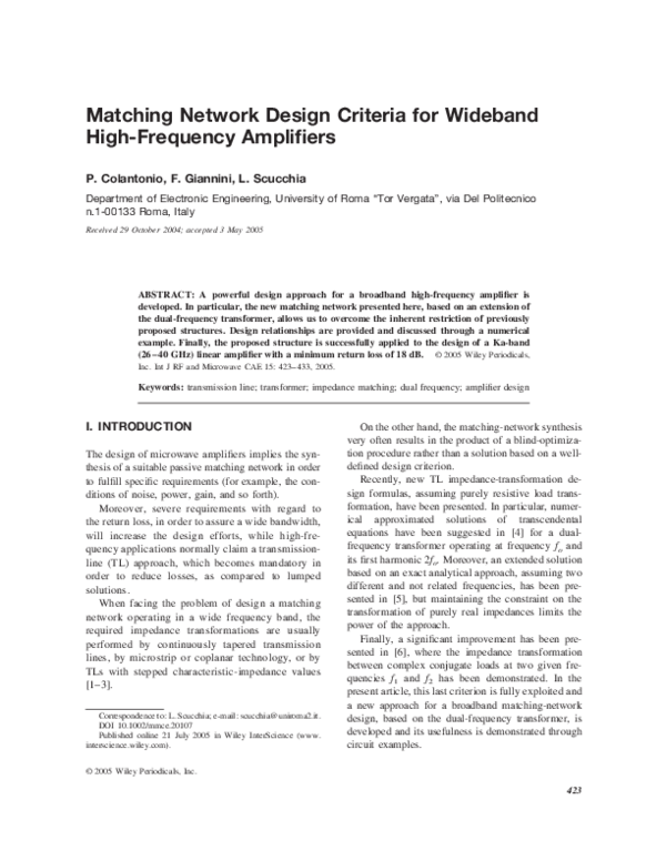 (PDF) Matching network design criteria for wideband high‐frequency ...
