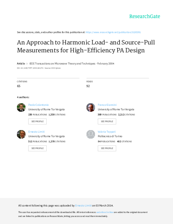 (PDF) An approach to harmonic load-and source-pull measurements for high-efficiency PA design