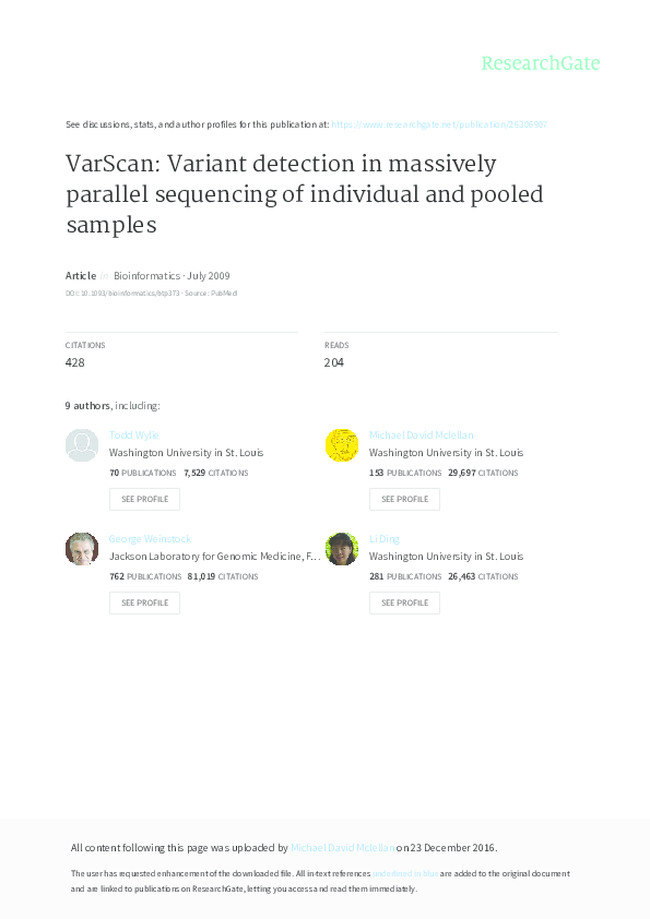 (PDF) VarScan: variant detection in massively parallel sequencing of individual and pooled samples