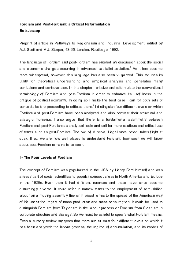 (PDF) Fordism and post-Fordism: A critical reformulation (in Pathways ...