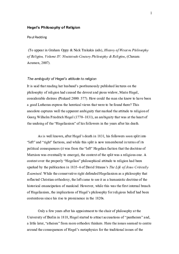 (PDF) "Hegel's Philosophy of Religion" in Graham Oppy & Nick Trakakis ...