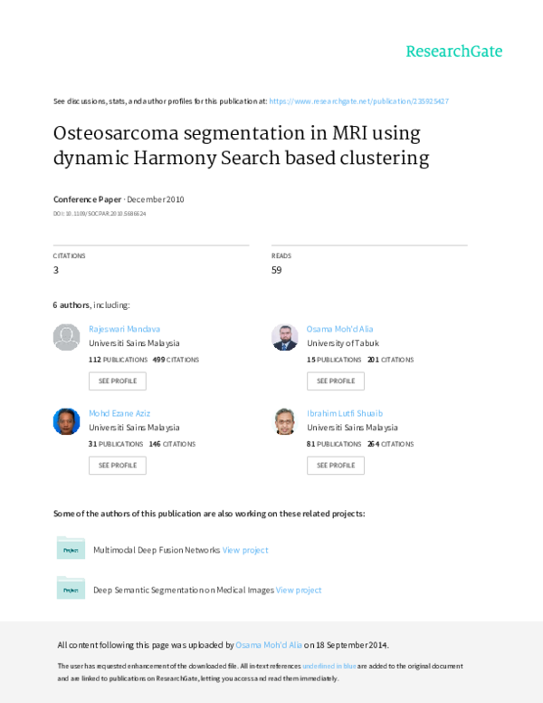 (PDF) Osteosarcoma segmentation in MRI using dynamic Harmony Search based clustering