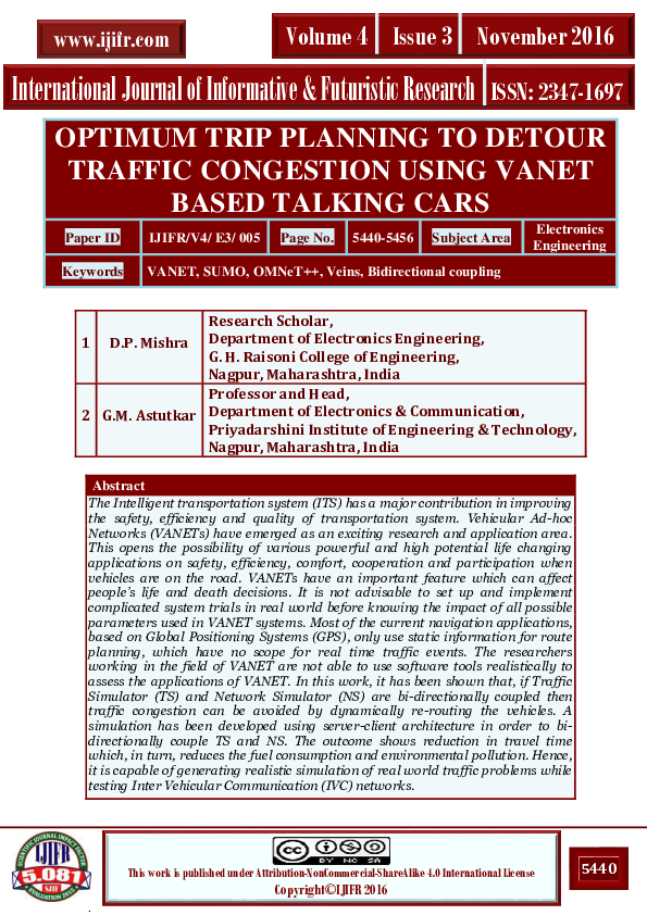 Pdf Optimum Trip Planning To Detour Traffic Congestion Using Vanet