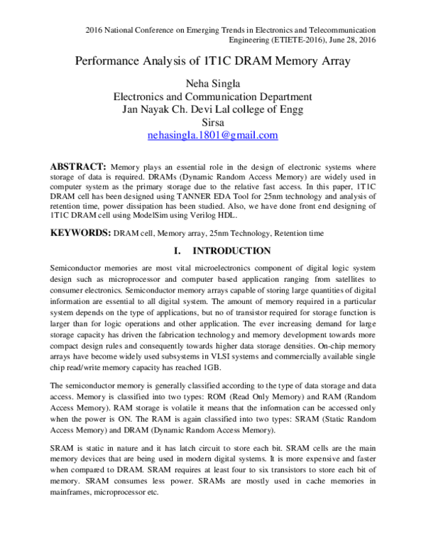 Performance Analysis Of 1t1c Dram Memory Array 