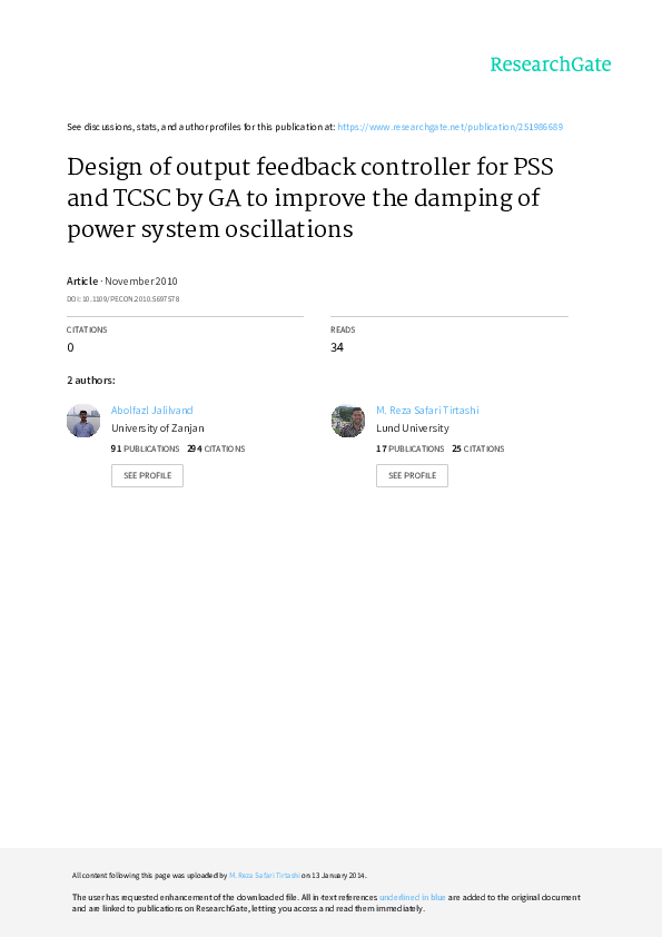 (PDF) Design of output feedback controller for PSS and TCSC by GA to improve the damping of ...