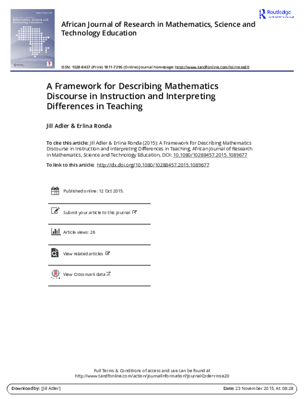 (PDF) A Framework for Describing Mathematics Discourse in Instruction and Interpreting ...
