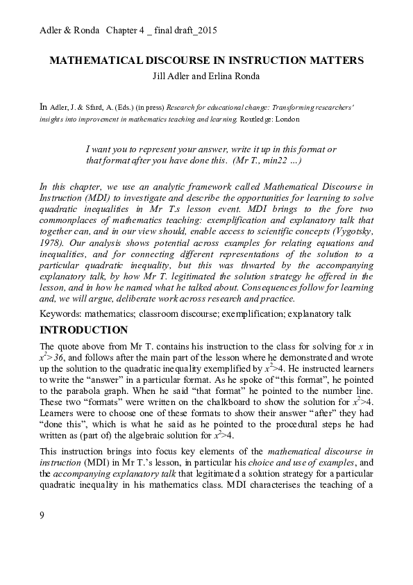 (PDF) MATHEMATICAL DISCOURSE IN INSTRUCTION MATTERS