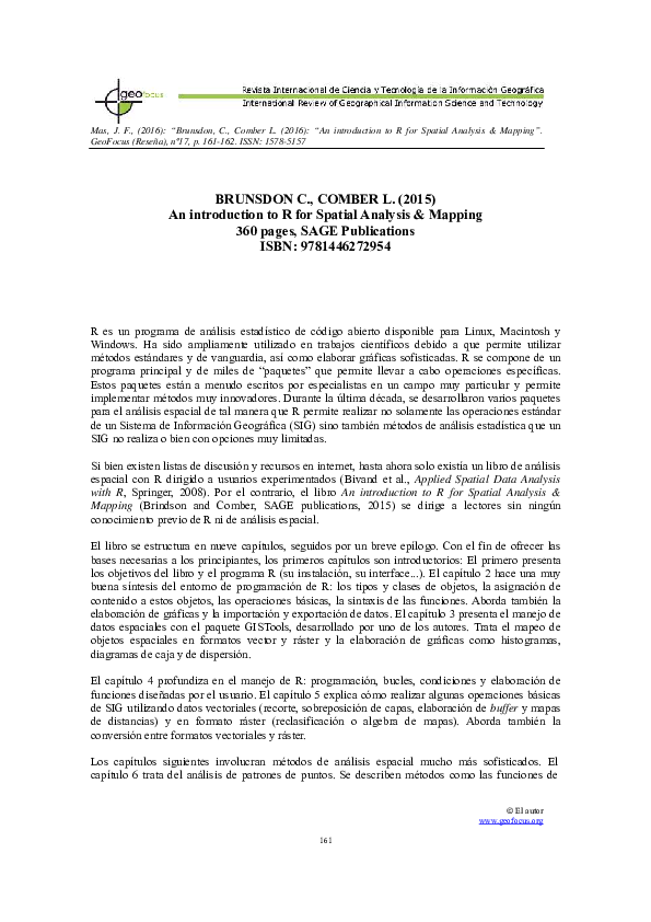 (PDF) Reseña del libro "An introduction to R for Spatial Analysis ...
