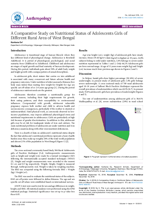 (PDF) A Comparative Study on Nutritional Status of Adolescents Girls of Different Rural Area of ...