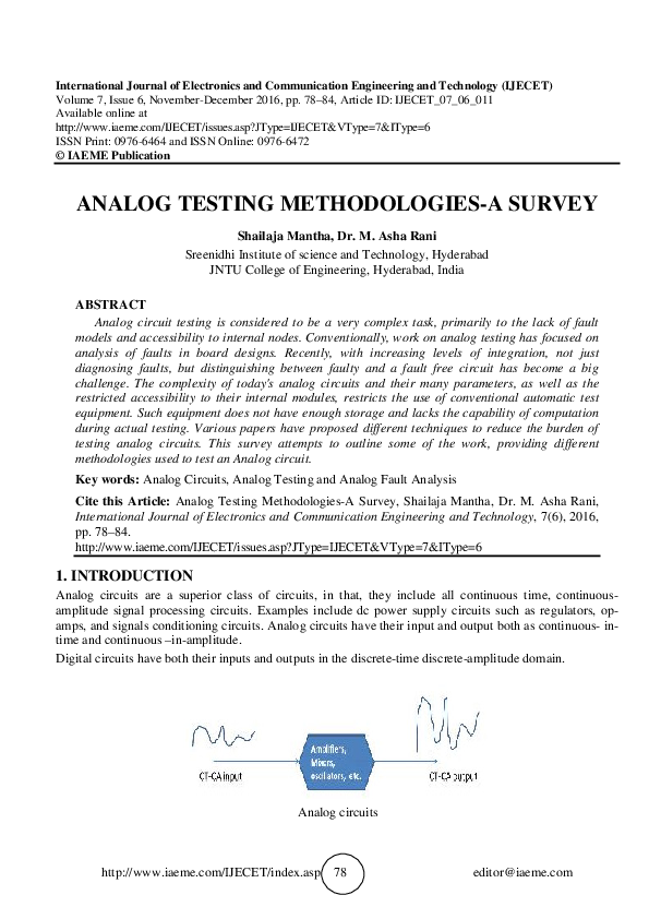 (PDF) ANALOG TESTING METHODOLOGIES-A SURVEY