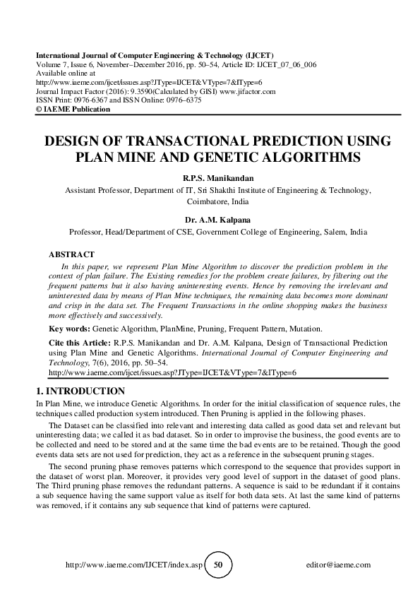 (PDF) DESIGN OF TRANSACTIONAL PREDICTION USING PLAN MINE AND GENETIC ALGORITHMS | IAEME ...