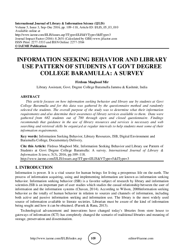 (PDF) INFORMATION SEEKING BEHAVIOR AND LIBRARY USE PATTERN OF STUDENTS ...