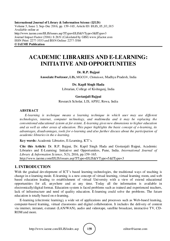 (PDF) ACADEMIC LIBRARIES AND E-LEARNING: INITIATIVE AND OPPORTUNITIES