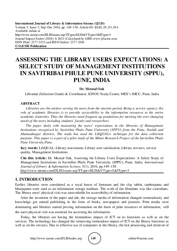 (PDF) ASSESSING THE LIBRARY USERS EXPECTATIONS: A SELECT STUDY OF ...