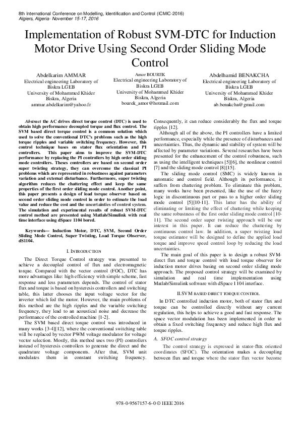 Pdf Implementation Of Robust Svm Dtc For Induction Motor Drive Using Second Order Sliding Mode