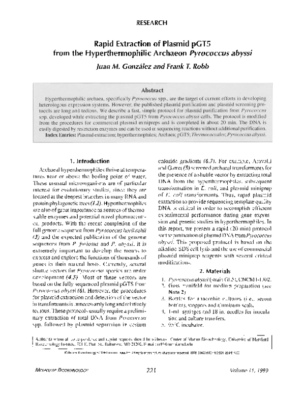 (PDF) Rapid extraction of plasmid pGT5 from the hyperthermophilic ...