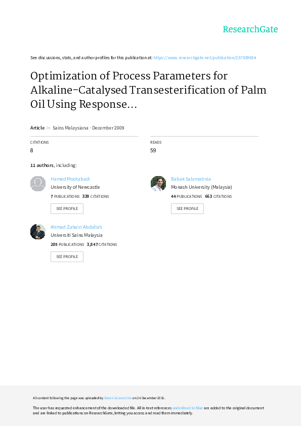 (PDF) Optimization of Process Parameters for Alkaline-Catalysed Transesterification of Palm Oil ...