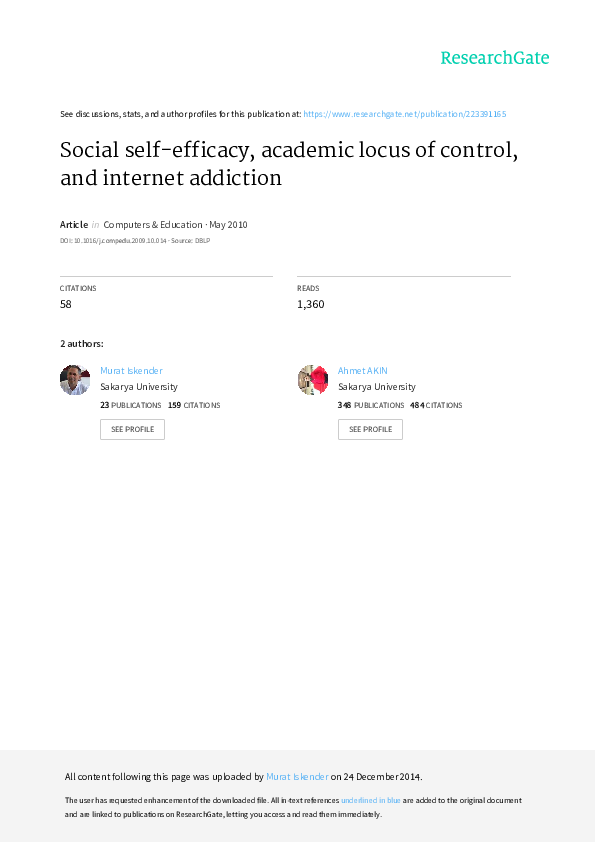 Pdf Social Self Efficacy Academic Locus Of Control And Internet Addiction