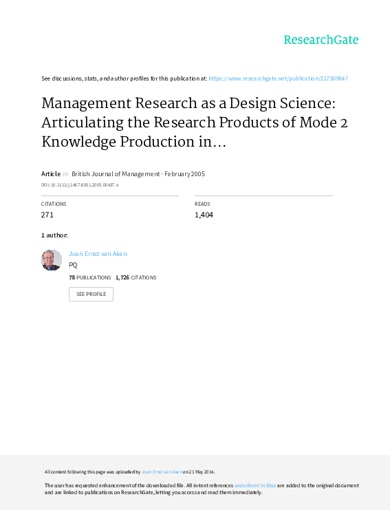 (PDF) Management research as a design science: Articulating the ...
