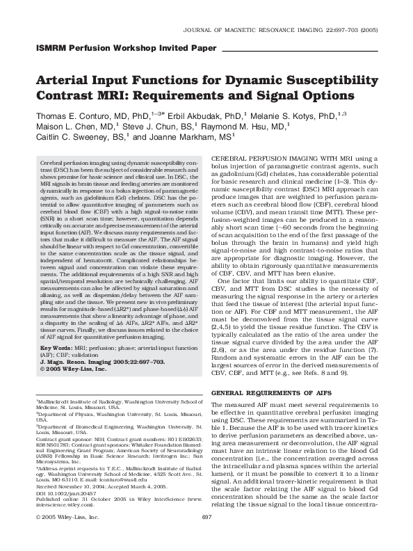 (PDF) Arterial input functions for dynamic susceptibility contrast MRI: requirements and signal ...