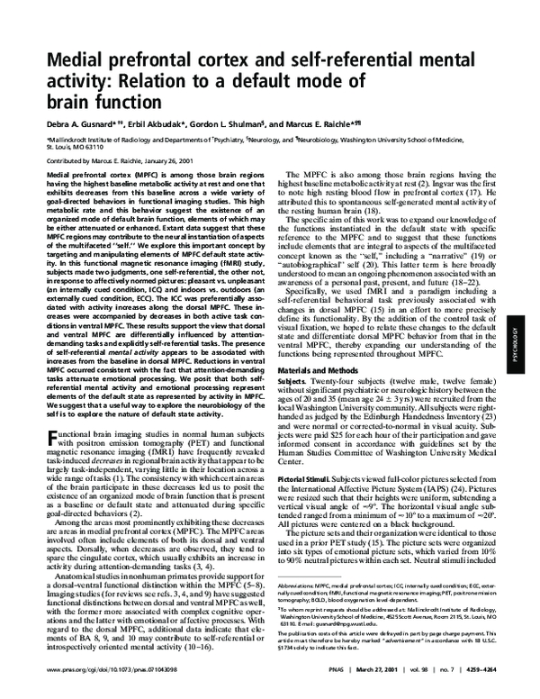 (PDF) Medial prefrontal cortex and self-referential mental activity ...