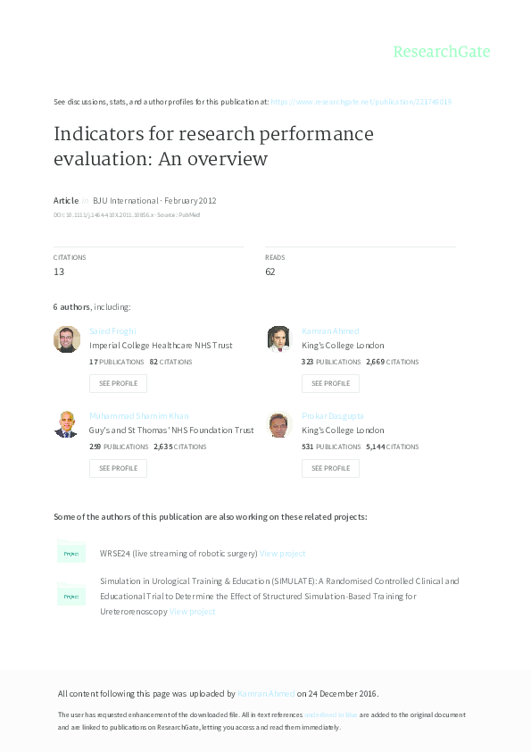 (PDF) INDICATORS FOR RESEARCH PERFORMANCE EVALUATION: AN OVERVIEW