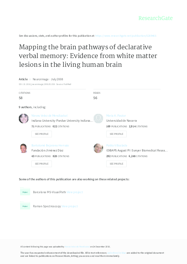 Pdf Mapping The Brain Pathways Of Declarative Verbal Memory Evidence