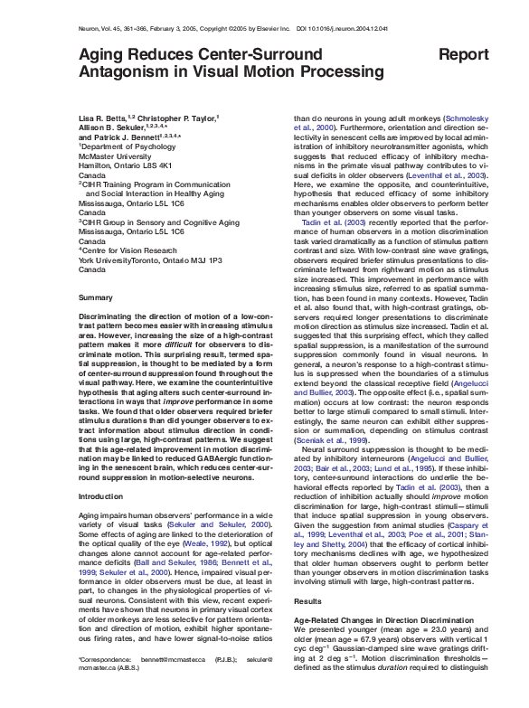(PDF) Aging reduces center-surround antagonism in visual motion processing