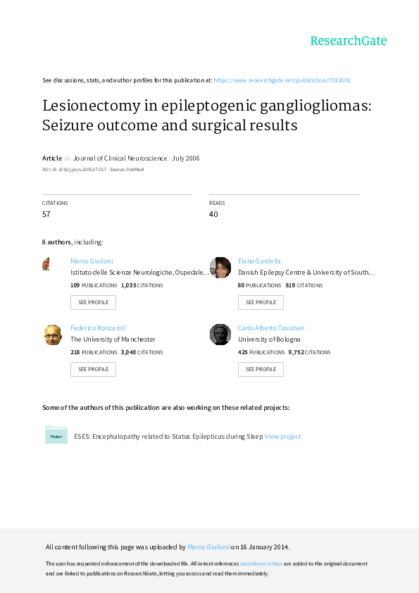 (PDF) Lesionectomy in epileptogenic gangliogliomas: seizure outcome and ...