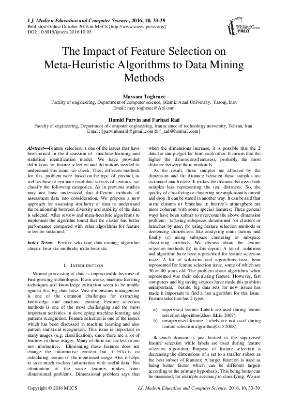(PDF) The Impact of Feature Selection on Meta-Heuristic Algorithms to Data Mining Methods