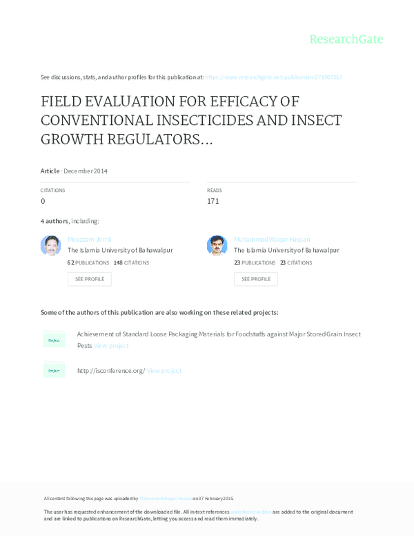 (PDF) Field Evaluation for Efficacy of Conventional Insecticides and Insect Growth Regulators ...