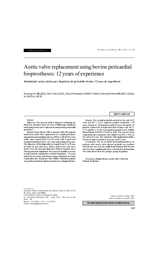 (PDF) Aortic valve replacement using bovine pericardial bioprostheses ...