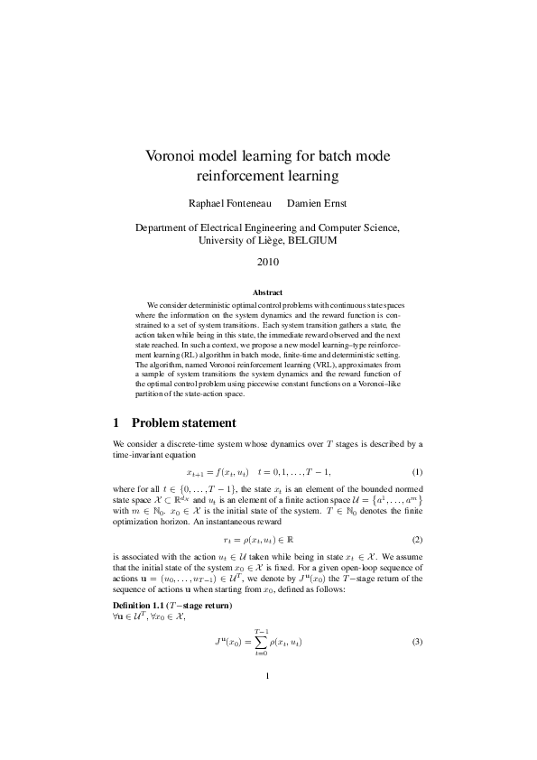 (PDF) Voronoi model learning for batch mode reinforcement learning