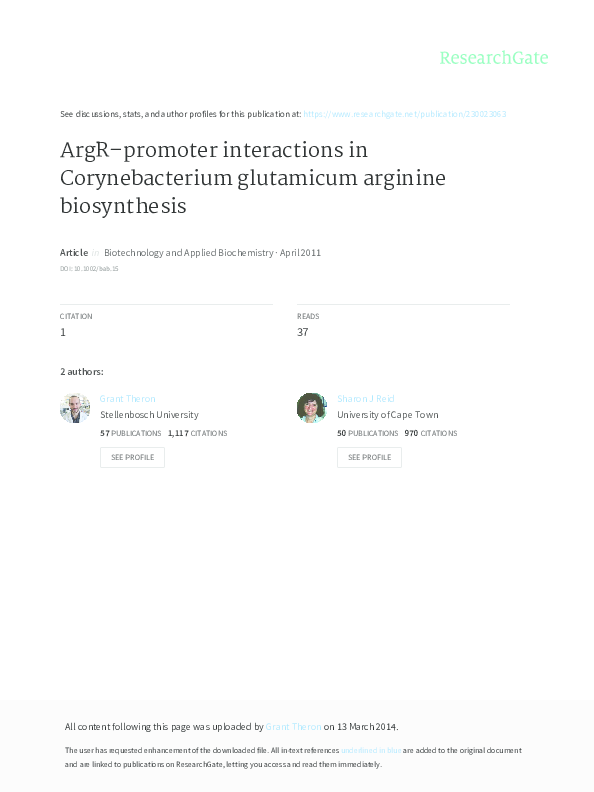 (PDF) ArgR promoter interactions in Corynebacterium glutamicum arginine ...