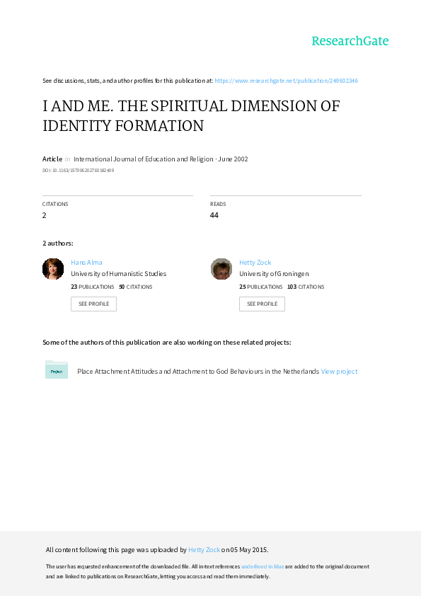 (PDF) I and Me: The spiritual dimension of identity formation by Hans ALMA
