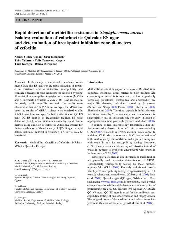 Pdf Rapid Detection Of Methicillin Resistance In Staphylococcus Aureus Isolates Evaluation Of