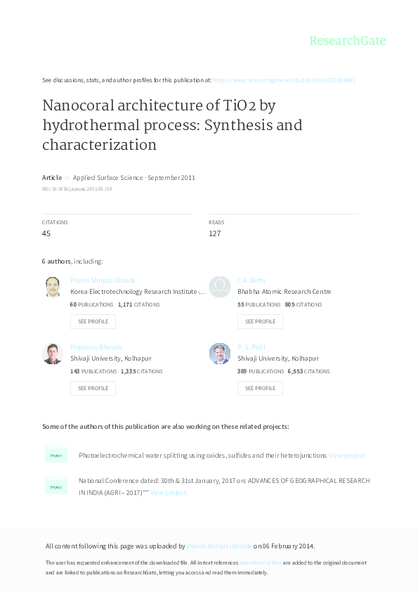 (PDF) Nanocoral architecture of TiO2 by hydrothermal process: Synthesis ...
