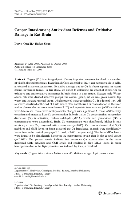 (PDF) Copper Intoxication; Antioxidant Defenses and Oxidative Damage in ...