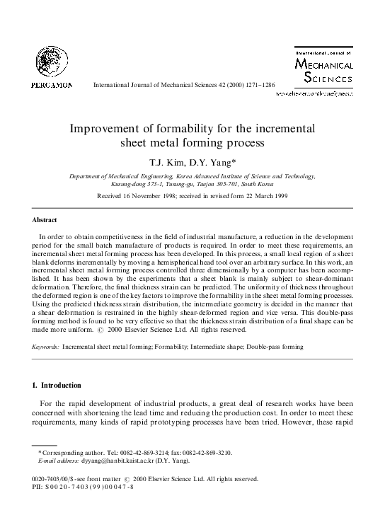 (PDF) Improvement of formability for the incremental sheet metal forming process