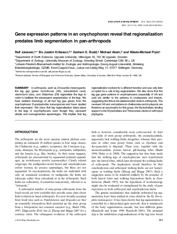 (PDF) Gene expression patterns in an onychophoran reveal that ...