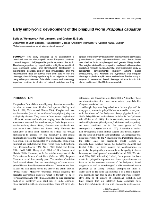 (PDF) Early embryonic development of the priapulid worm Priapulus caudatus