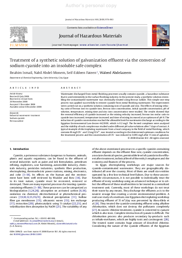(PDF) Treatment of a synthetic solution of galvanization effluent via ...